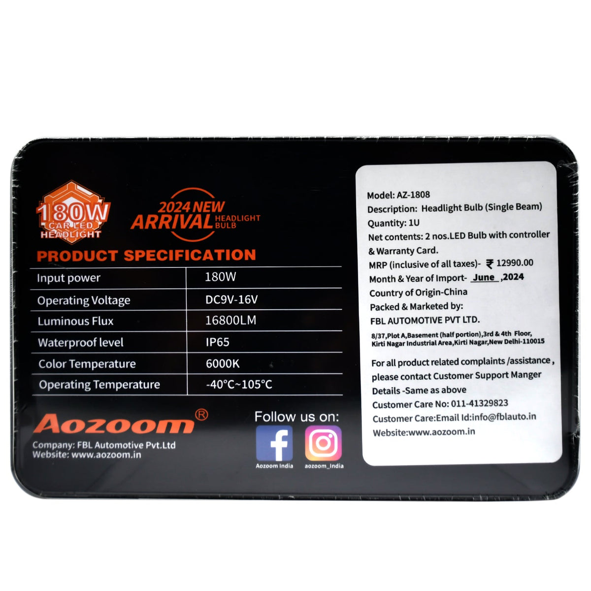 Aozoom 180W Headlight Bulb 6000K AZ1808-H8/H9/H11 – CARPLUS